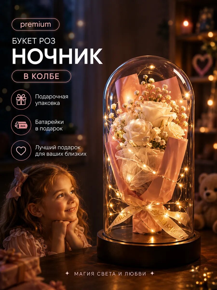 Ночник, букет в колбе, настольный светильник, на батарейках, цветы в колбе, беспроводной, цветы в колбе, ночник женский