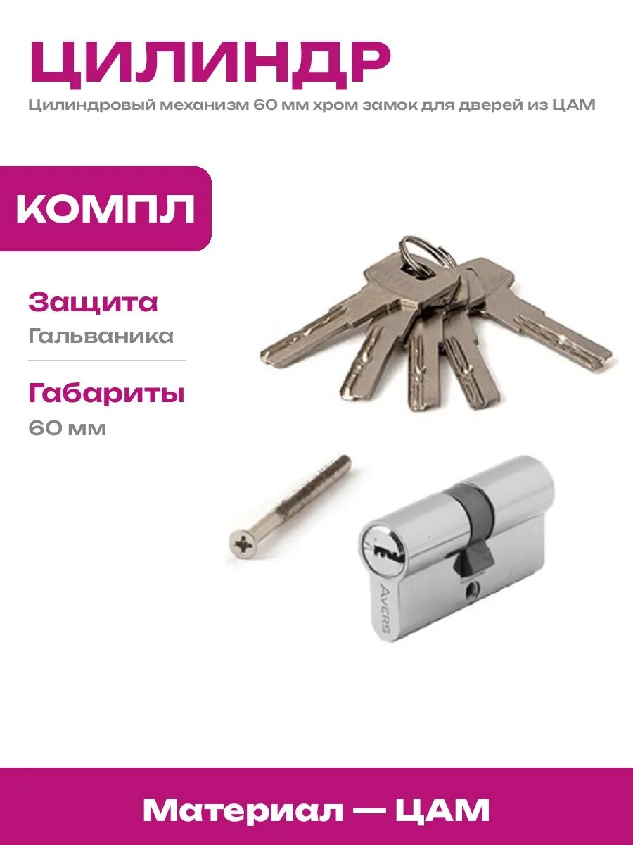 Личинка замка 30 на 30 хром с винтом цилиндровый механизм 60