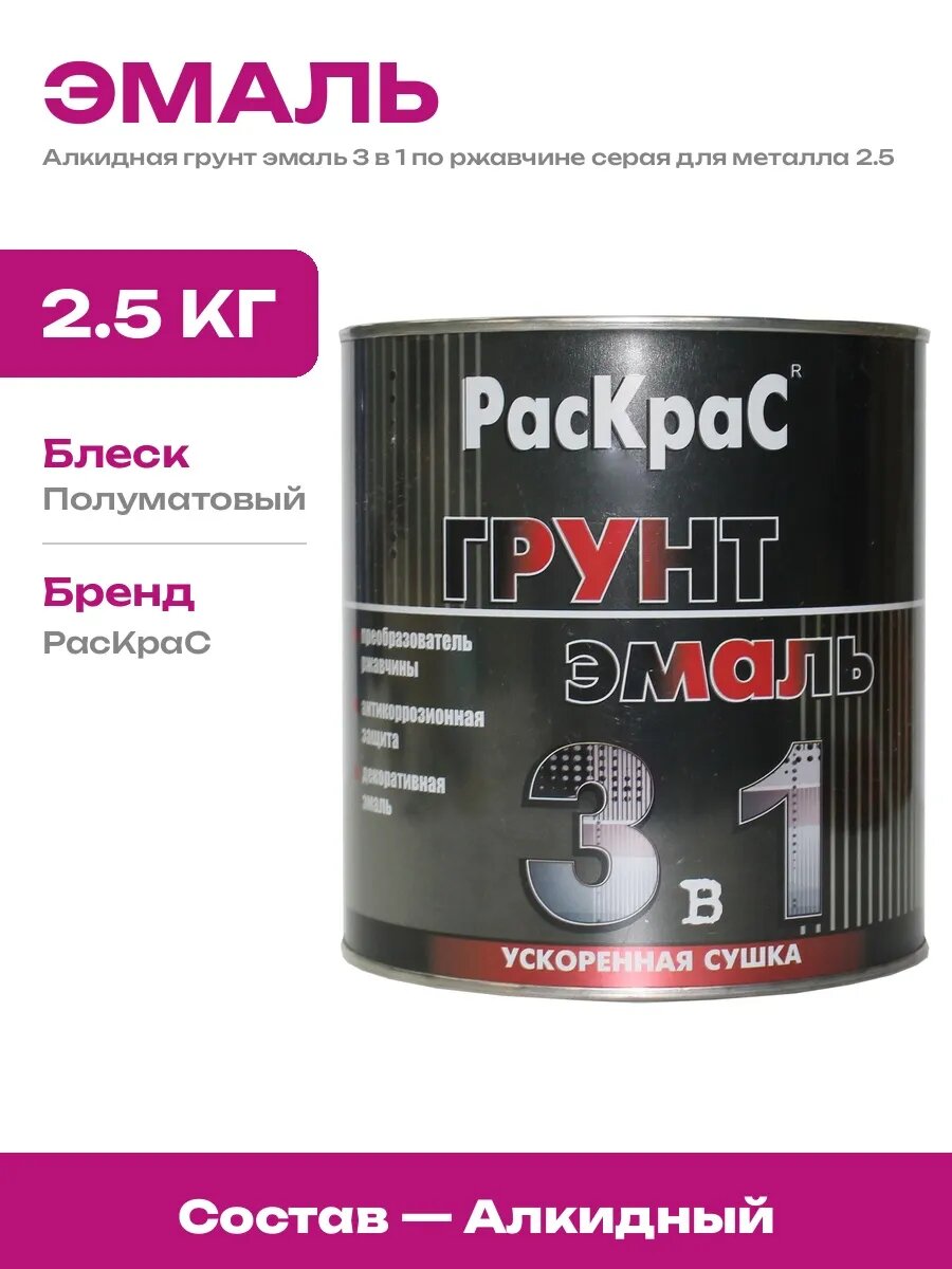 Алкидная грунт эмаль 3 в 1 по ржавчине серая для металла 2.5