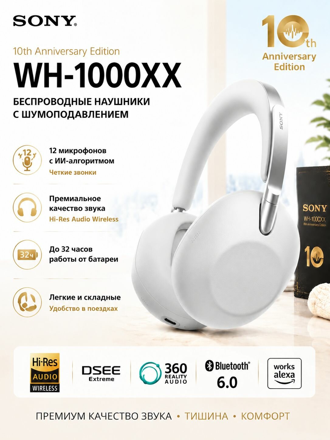 Sony WH-1000XX 10th Anniversary Edition беспроводные наушники с шумоподавлением, Bluetooth 6.0, Hi-Res Audio Wireless, 12 микрофонов, премиальный звук
