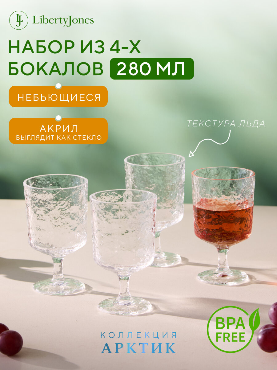Набор бокалов для вина и напитков из акрила Арктик 280 мл небьющиеся пластиковые 4 шт Liberty Jones