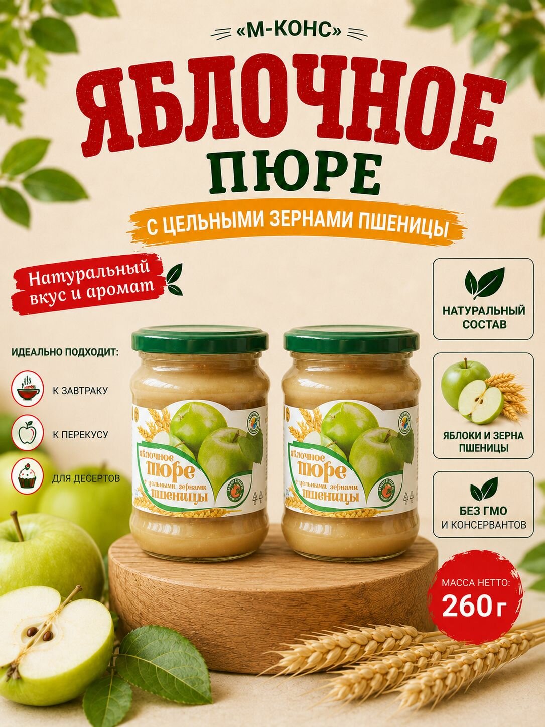Яблочное пюре с цельными зернами пшеницы, 2 шт. по 260 г
