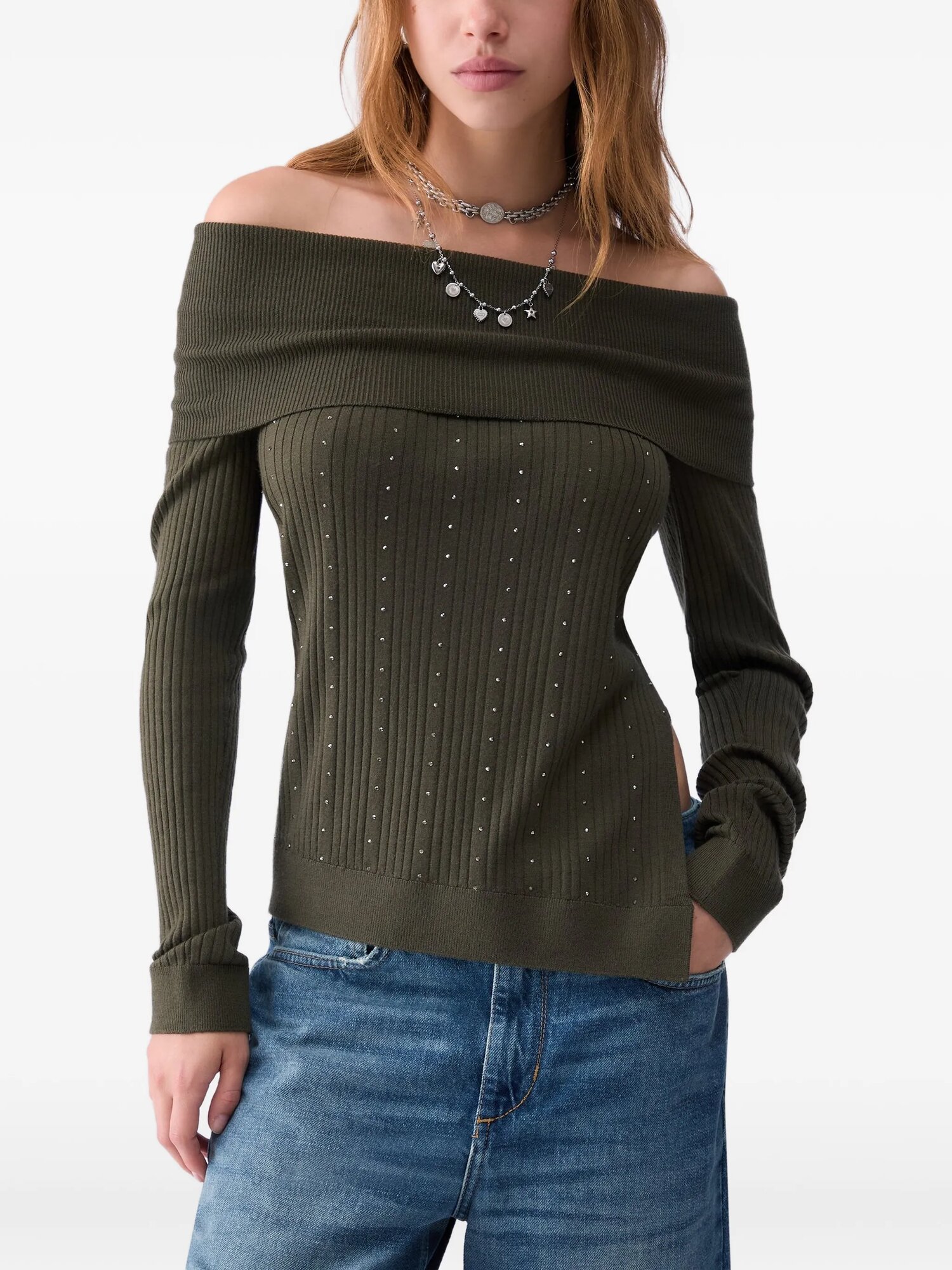 Свитер LIU JO Wool sweater with bardot neckline, размер 34, , green — фото 1