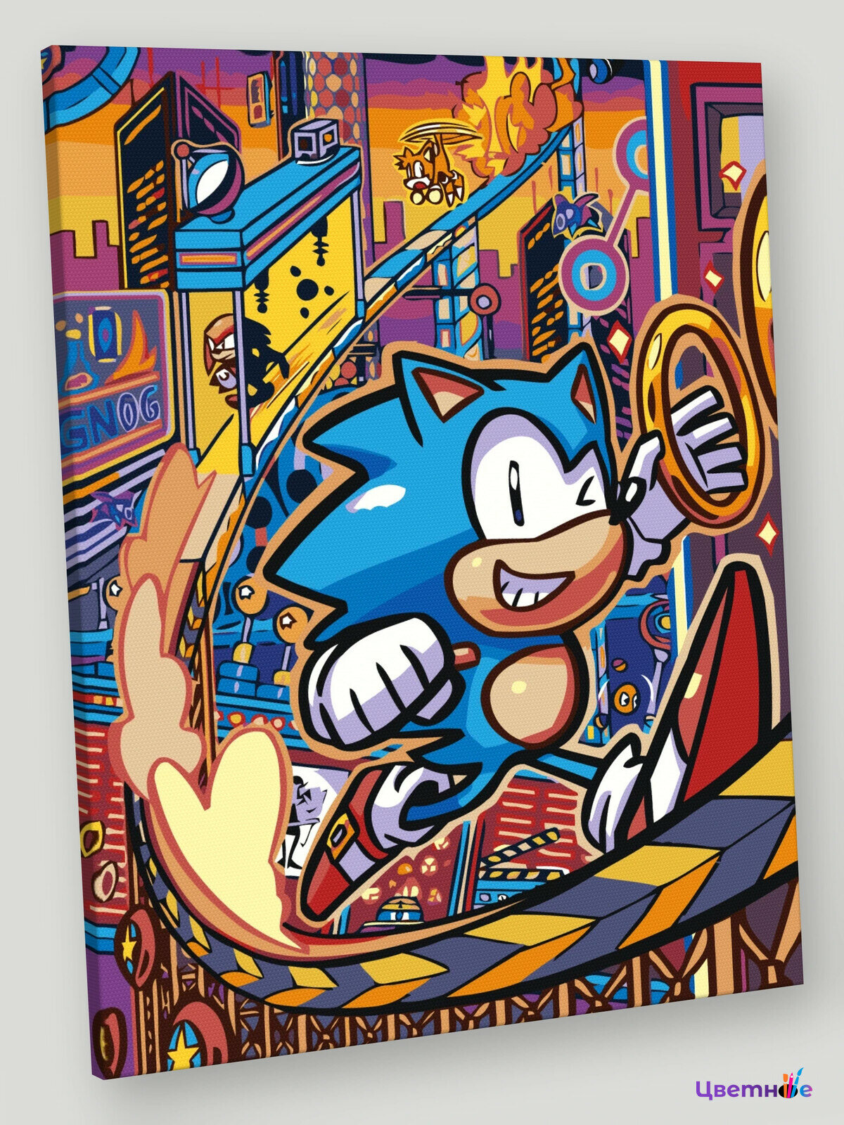 Картина по номерам на холсте с подрамником 40x50 "Игра Соник Sonic: ёж и кольца в городе", Мультфильмы