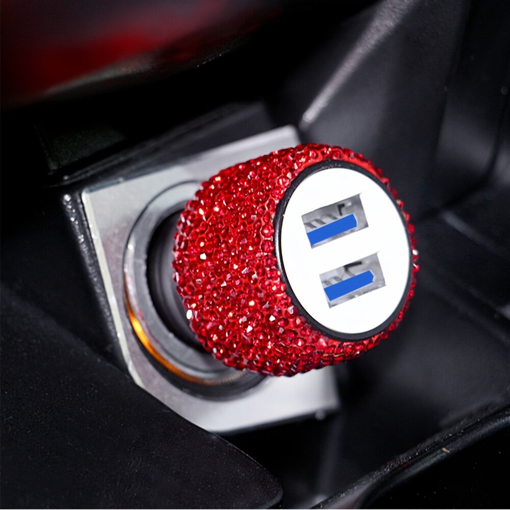 Автомобильное зарядное устройство с двумя USB-портами, аварийным молотком, искусственным бриллиантом, алюминиевый сплав, 12-24 В, разъем "папа-папа", красный