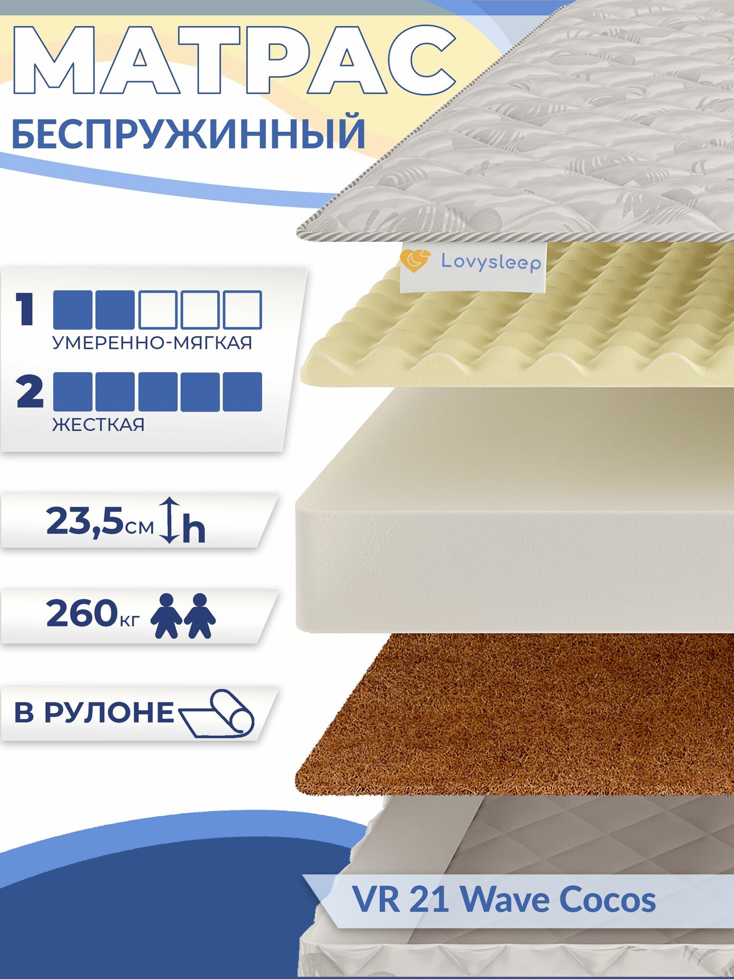 Матрас VR 21 Wave Cocos 80х185 см, беспружинный, 23,5 см, односпальный, двусторонний с разной жесткостью, в рулоне