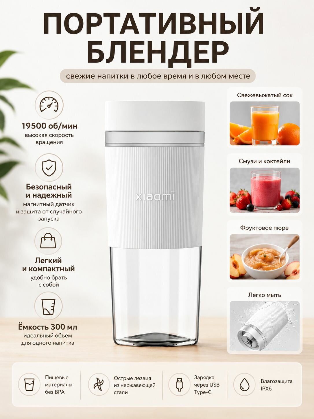 Портативный блендер для смузи, коктейлей и напитков Xiaomi Mijia Portable Juicer Cup 300 мл