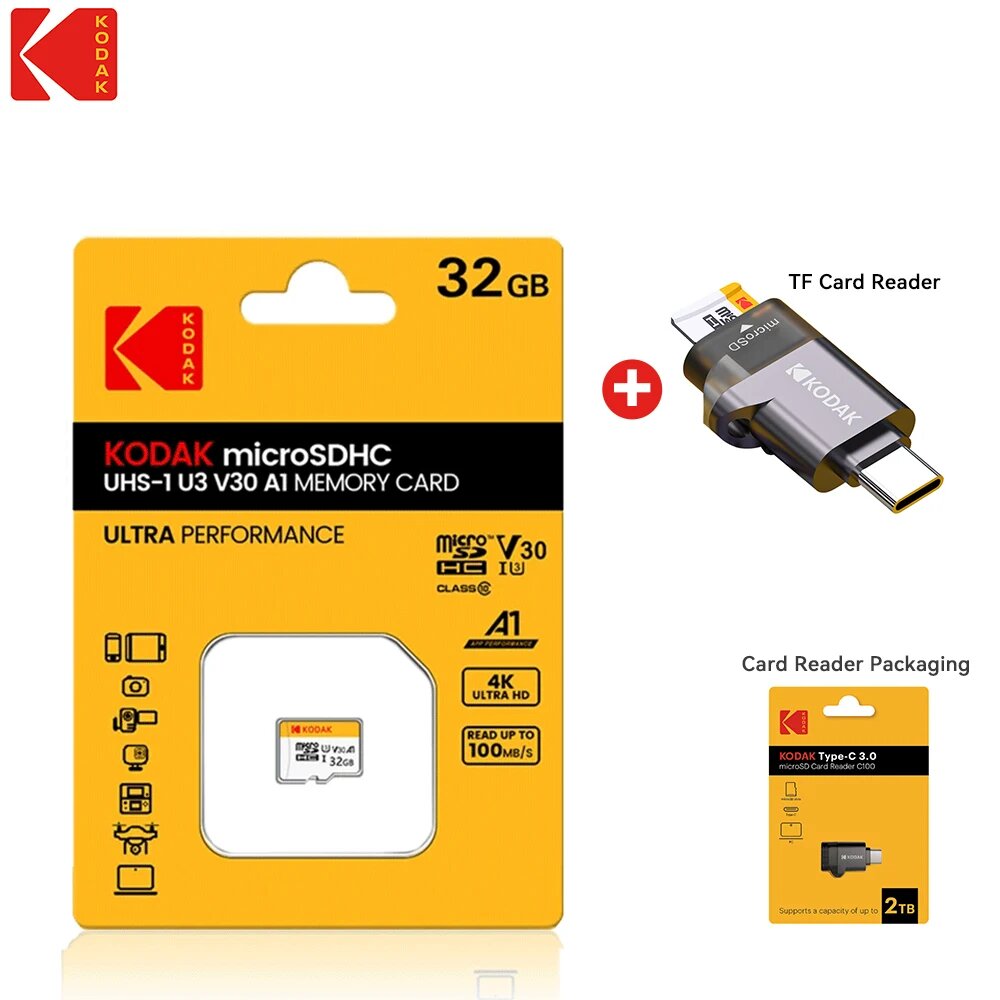 Карта памяти Kodak Micro SD 32/64/128/256 ГБ, класс 10 U3 32G and Card reader