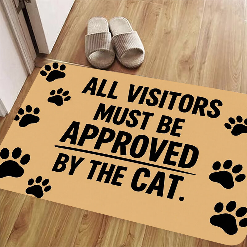Коврик придверный "ALL VISITORS MUST BE APPROVED BY THE CAT", 2D плоская печать, 50x80 см, нескользящий, машинная стирка, легко чистится, для дома и улицы, прихожей, спальни, балкона
