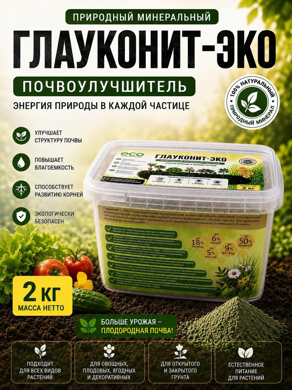 Глауконит Эко - почвоулучшитель для растений, 2 кг