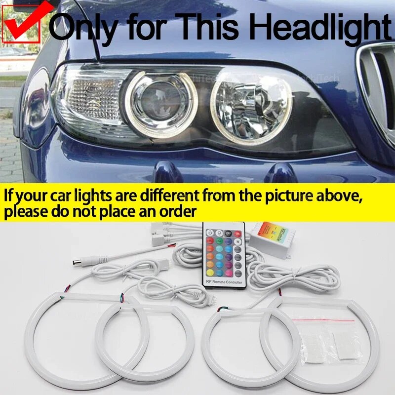 Фара В Сборе Для BMW X5 E53 (2004-2006) С RGB LED Angel Eyes (16 Цветов), Хлопковая Подсветка, С Пультом ДУ