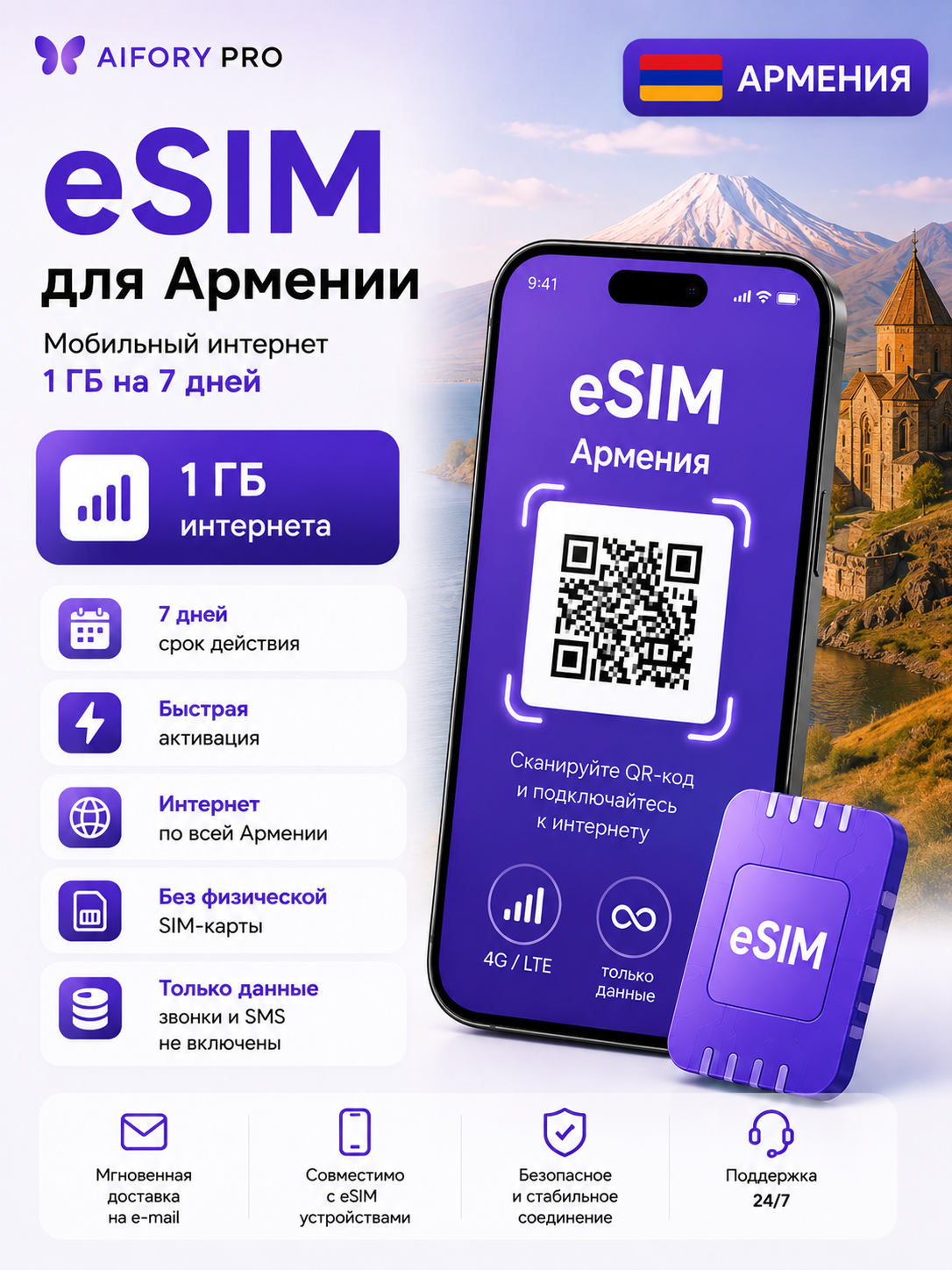 ESIM карта для Армении, мобильный интернет 1 ГБ на 7 дней, быстрая активация в регионе Армения