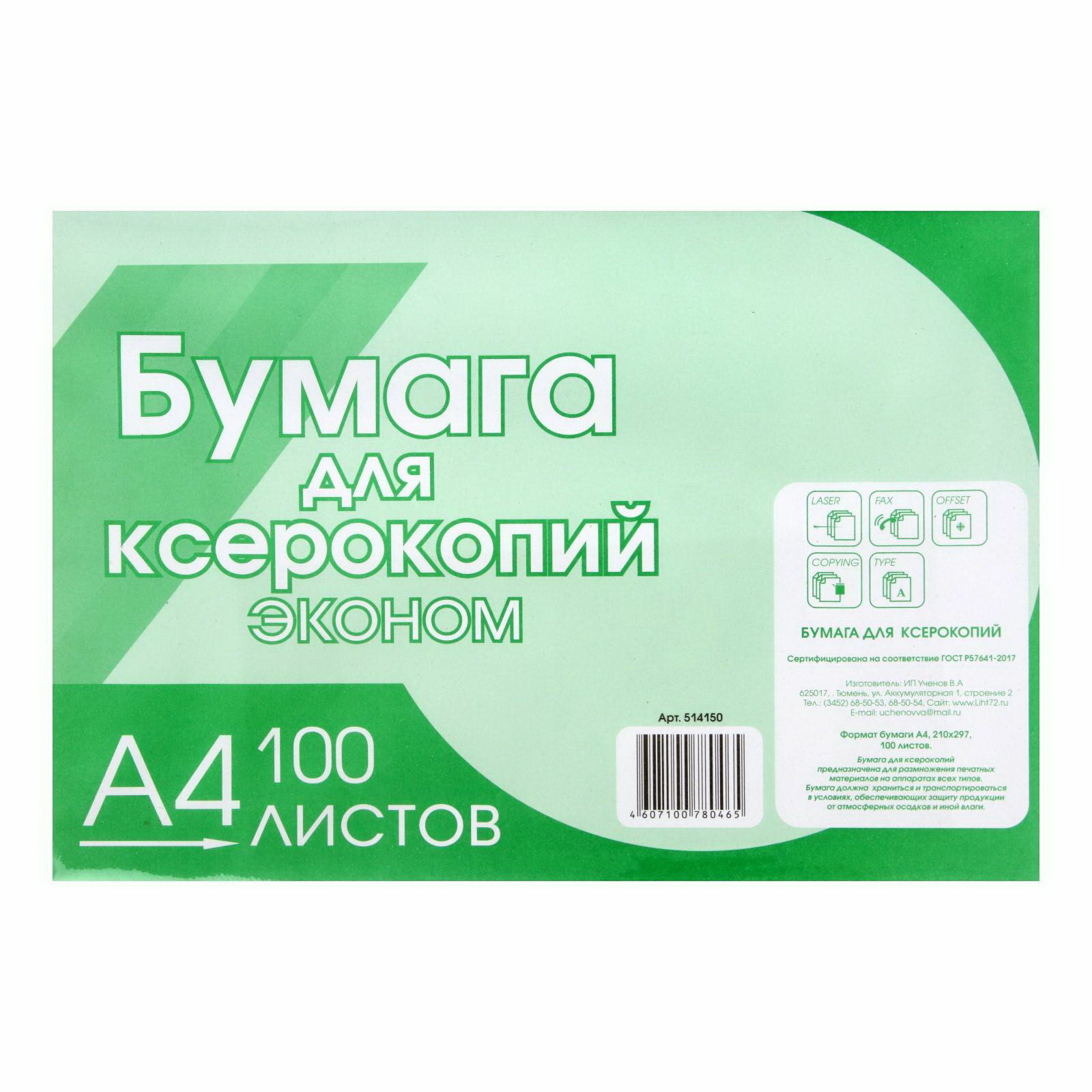 Бумага "Туринск для ксерокопий", А4, 100 листов, эконом, 80 г/?2, белизна 96%, в плёнке, 2 шт.