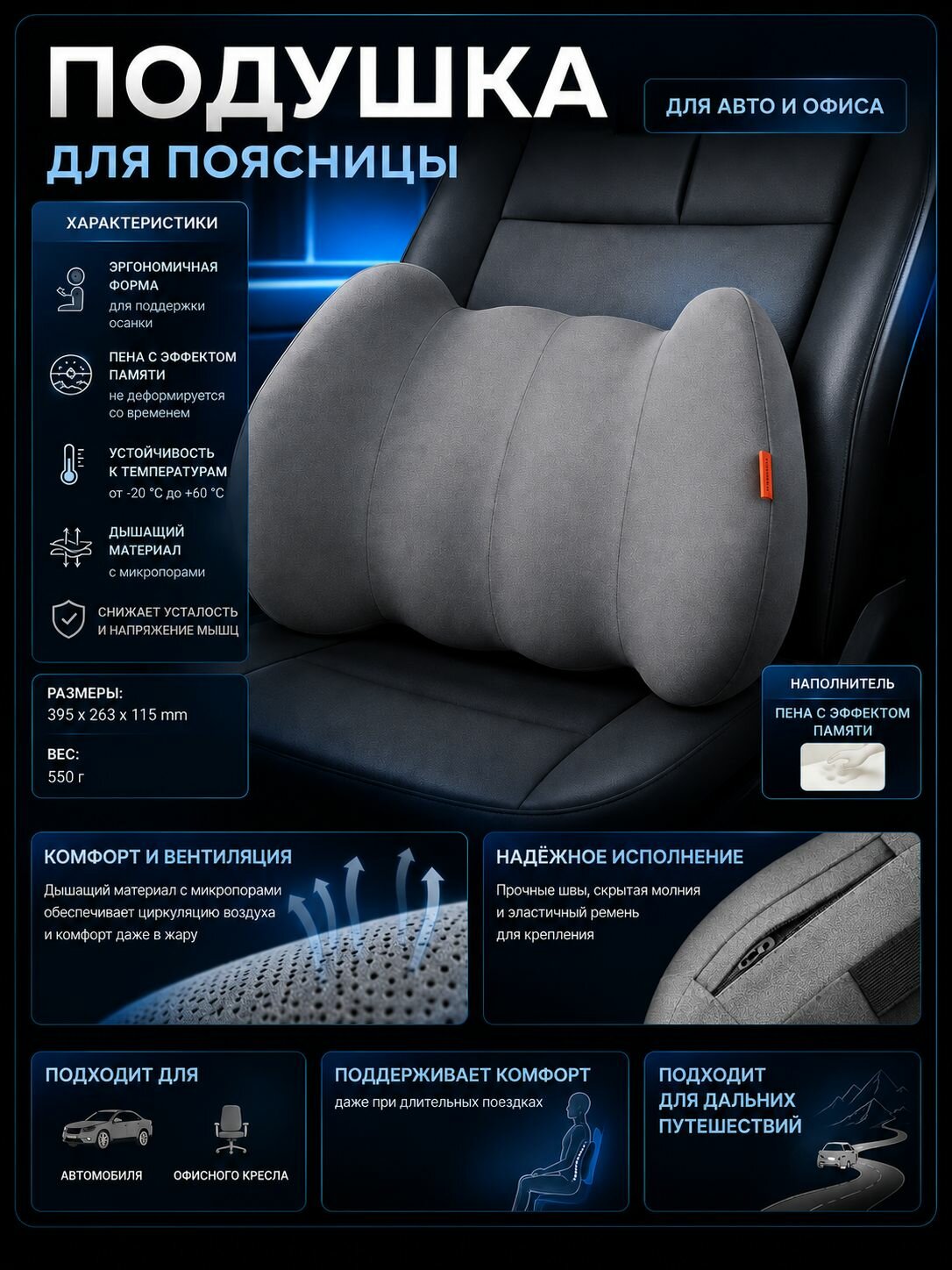 Подушка автомобильная для поясницы Baseus Comfort Ride CZ009, ортопедическая, дышащая, с эффектом памяти/Серая (CZ009)