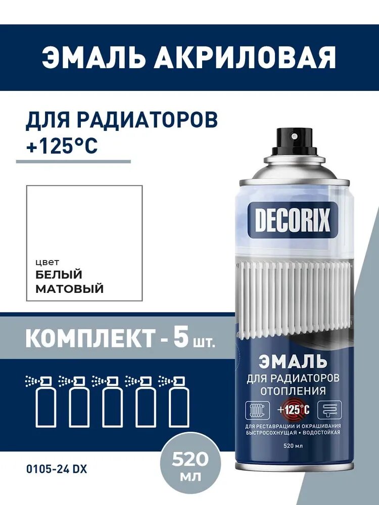 Аэрозольная краска для радиаторов белая матовая DECORIX 520 мл термостойкая - высокопрочная эмаль для батарей моющаяся в баллончике - комплект 5 шт