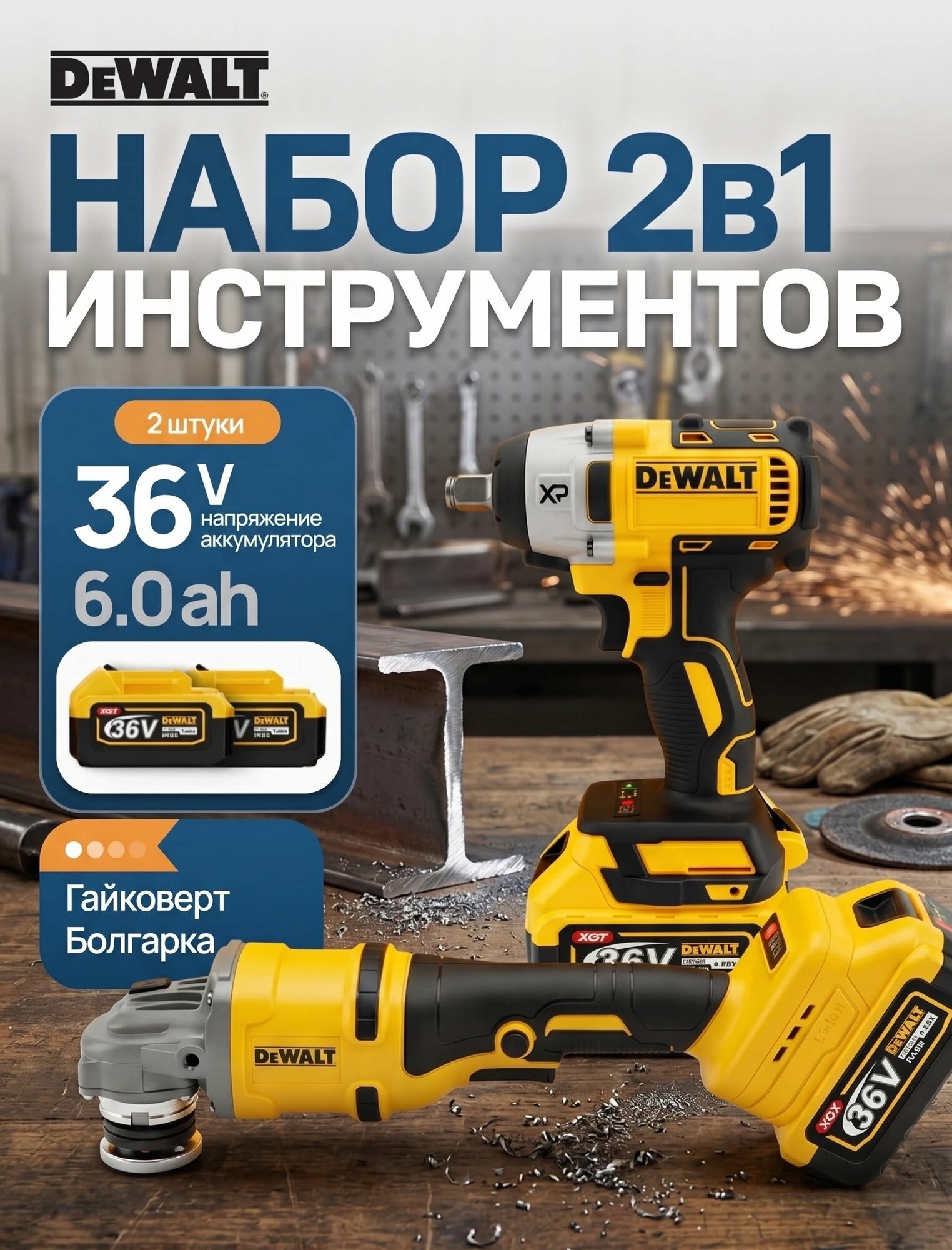 Набор электроинструментов аккумуляторных DeWALT 2в1/Гайковерт и болгарка (ушм), бесщеточный.