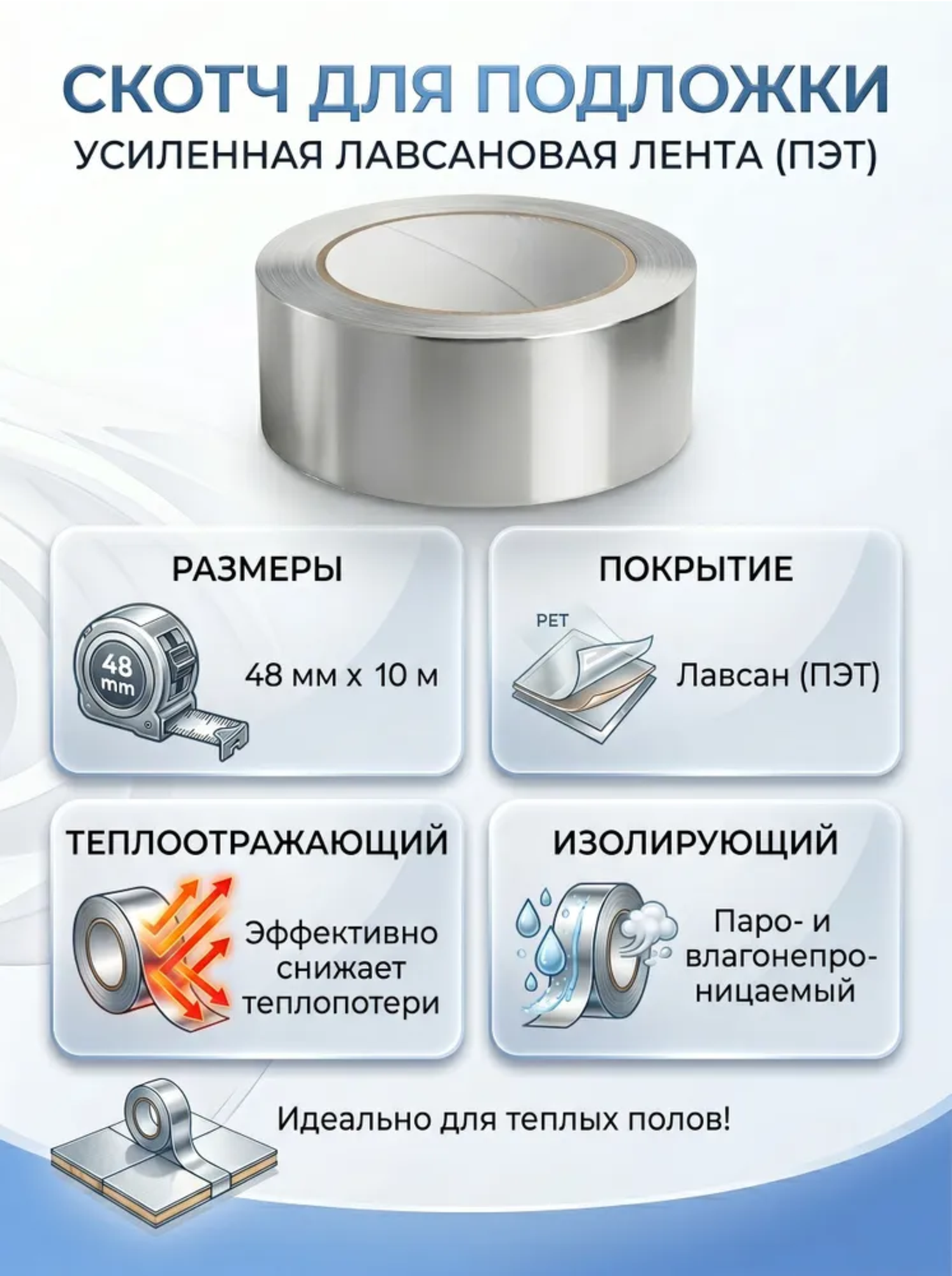 Скотч для склейки подложки, отражающий тепло, изолирующий 48Х10метров (лавсановое покрытие).