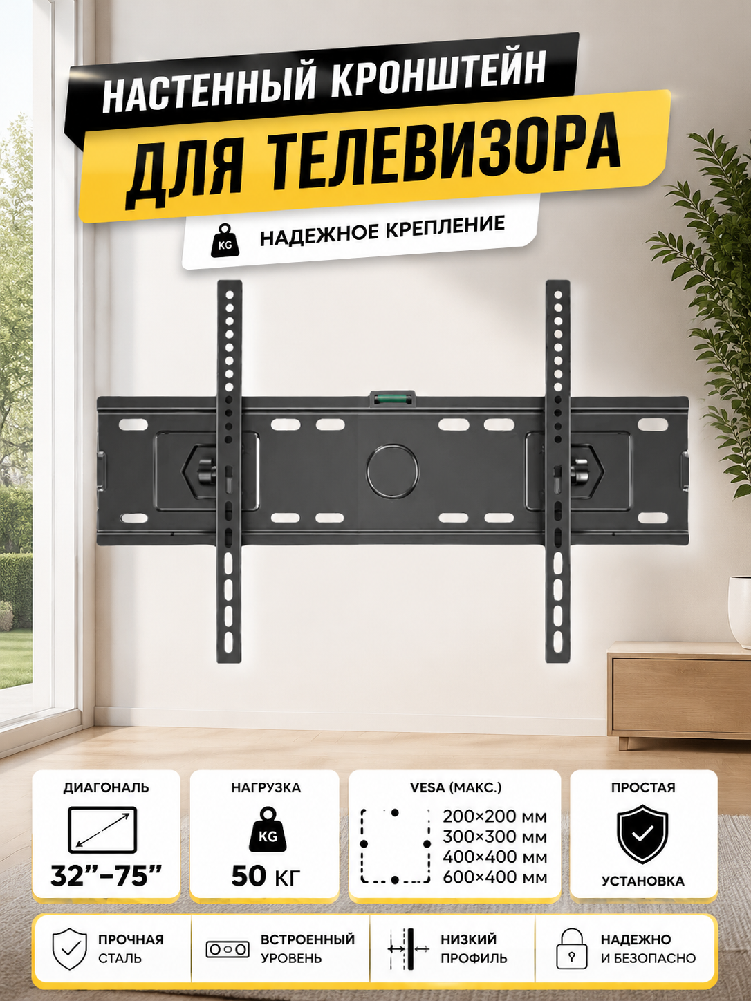 Кронштейн для телевизора, настенный, от 32 до 75 дюймов, VESA 75x75 - 600x400мм, сталь