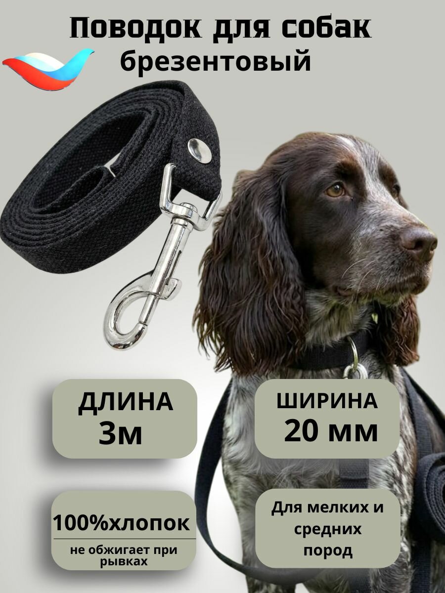 Поводок для собак брезентовый 3 м, шириной 20 мм , черный