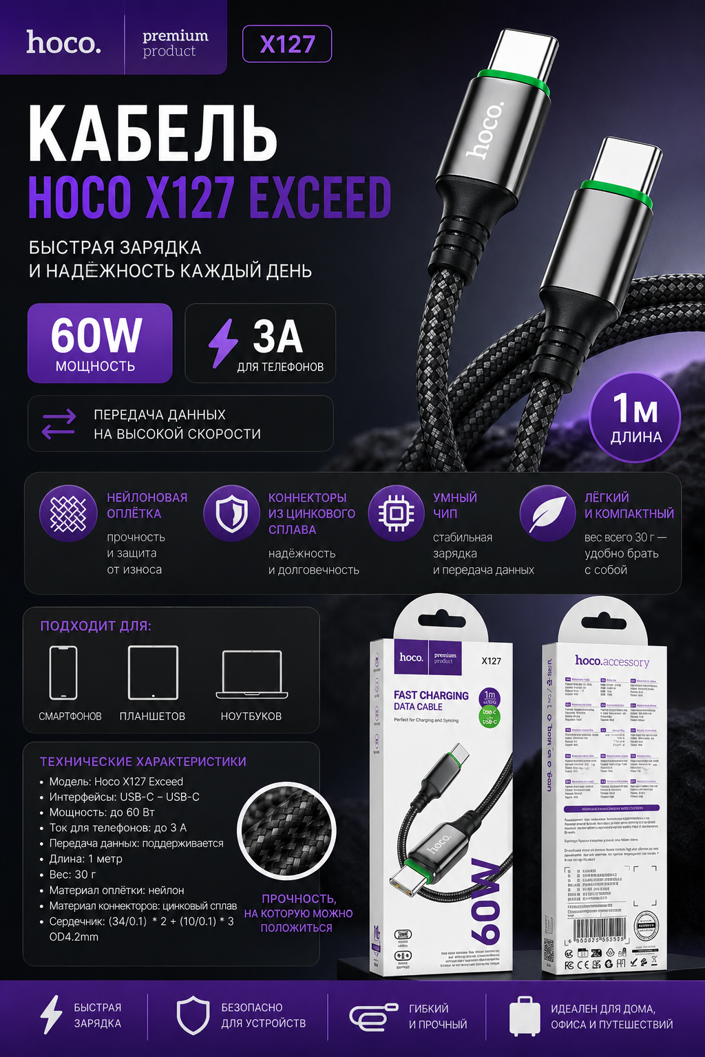 Кабель Type C - Type C HOCO X127 провод с быстрой зарядкой 60W, длина 1 метр, шнур для iPhone и Android