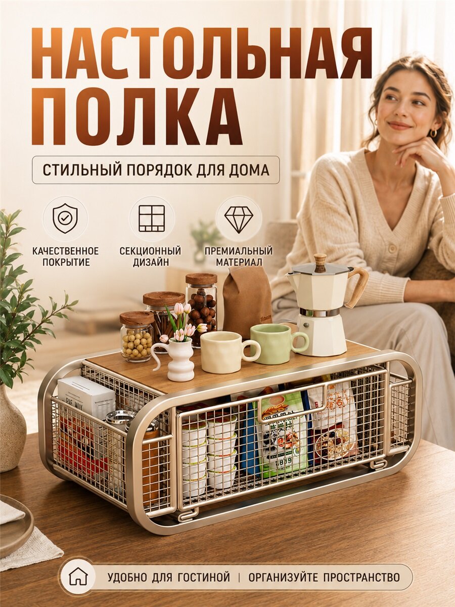 Настольная полка комбинированная из металла и дерева, вместительные отсеки для вещей, стильное решение для организации пространства кухонного стола и зоны отдыха дома