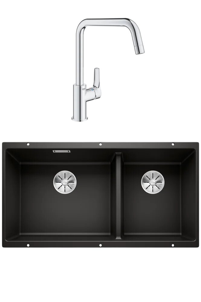 Комплект Мойка Blanco Subline 480/320-U 85x46, черная, искусственный гранит / Смеситель Grohe Eurosmart 30567000 глянцевый хром