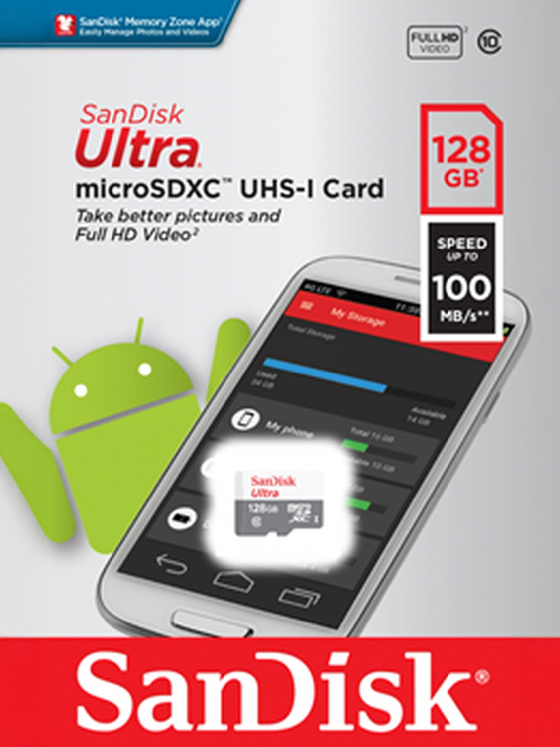SanDisk Ultra 128 ГБ Карта памяти microSD, SDSQUNR-128G-GN6MN, красная