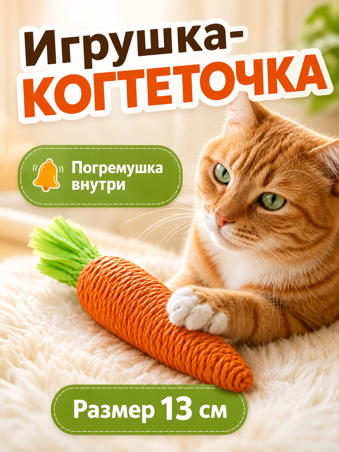 Эко-когтеточка-игрушка для кошек, 13 см, с погремушкой внутри