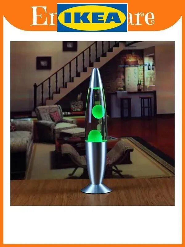 Lampa lava relaxant с глиттером и базой из полированного металла с отражателем включены зеленый воск прозрачная