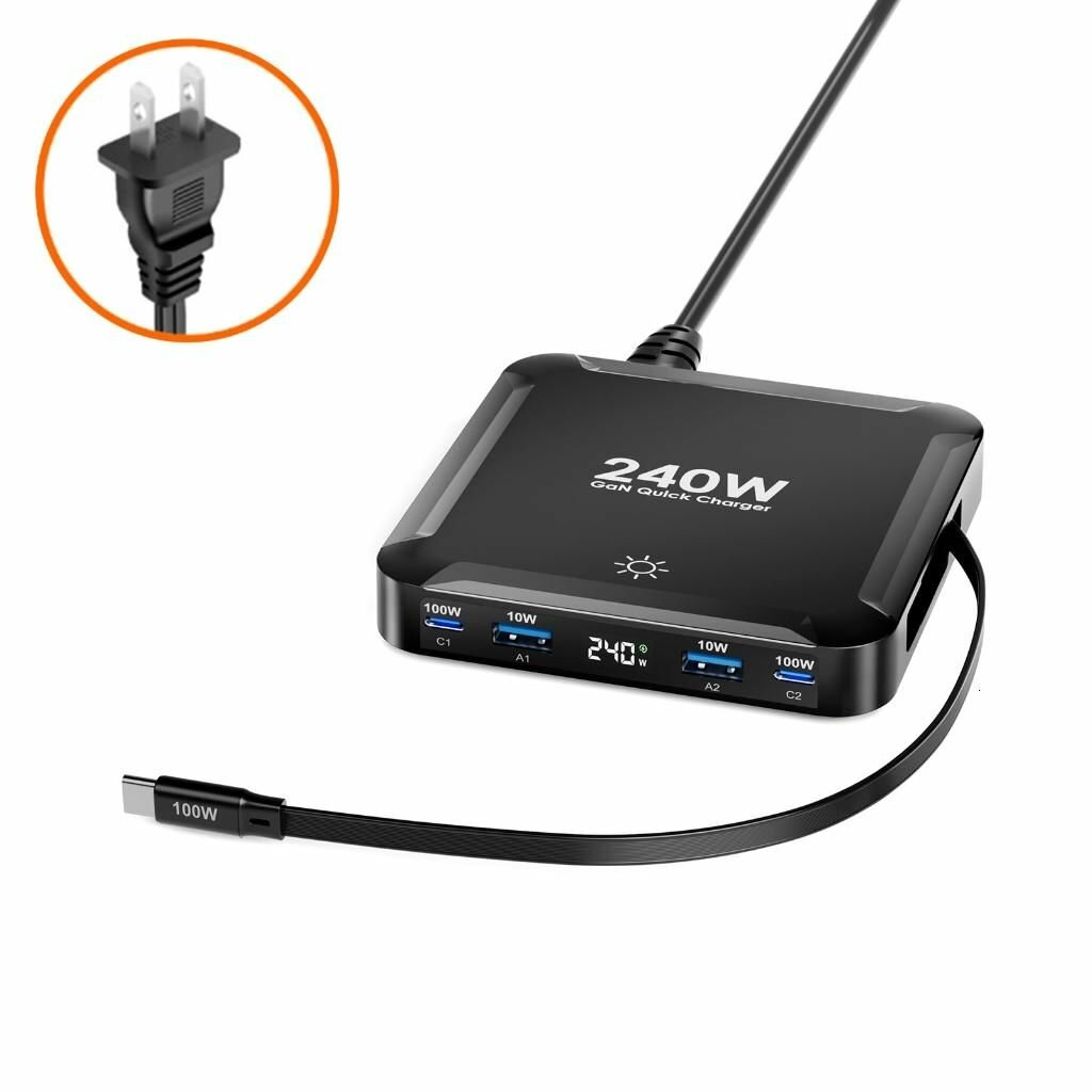 Универсальное зарядное устройство 240W USB-C с выдвижным кабелем, US