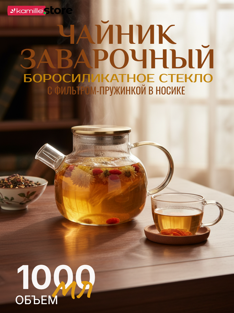 Заварочный чайник 1000 мл. с фильтром пружинкой, медовое стекло (золотистый)