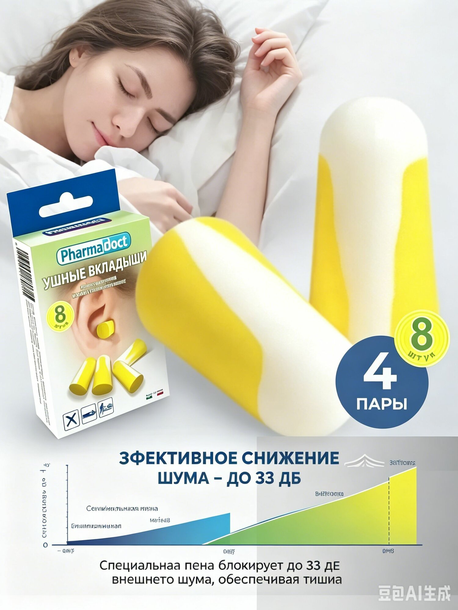 Беруши для сна многоразовые Pharmadoct, 8 шт 15 ДБ ушные вкладыши многократного использования защита от шума