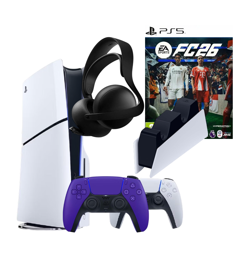 Игровая приставка PlayStation 5 Slim Disk + 2й геймпад фиолетовый + игра FC26 + станция зарядки + Pulse Elite Black