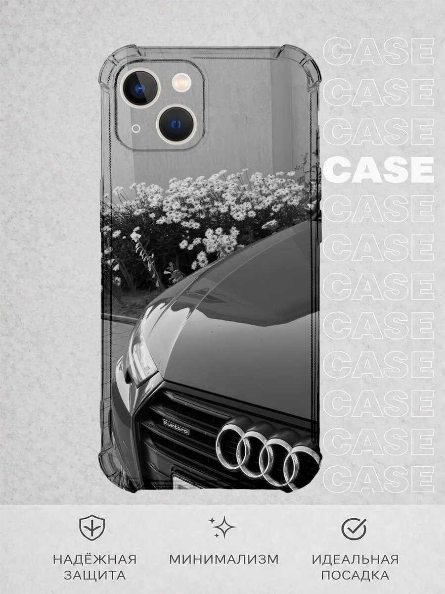 Чехол на iPhone 13 с принтом Audi на фоне цветов