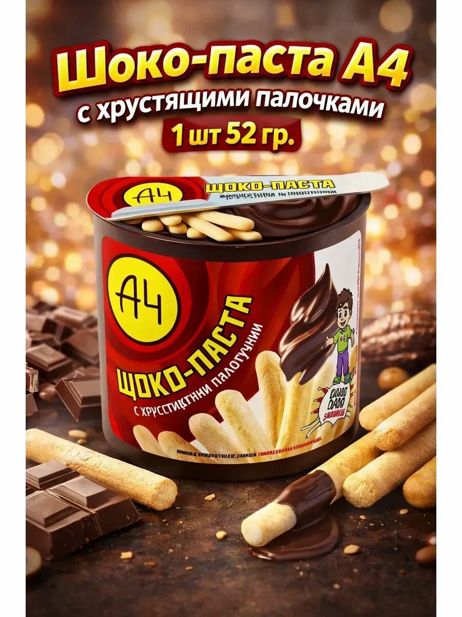 Шоко-паста "А4" с хрустящими палочками 52 грамм 1 штука, фабричное производство, вид шоколада молочный, вид добавки (начинки) кусочками
