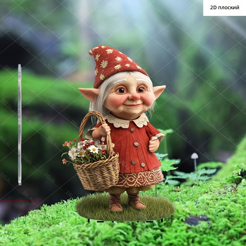Садовая плоская фигурка гнома 2D с цветочной корзиной, красная шляпа и зелёные ноги, уличное украшение для двора, акриловое волокно