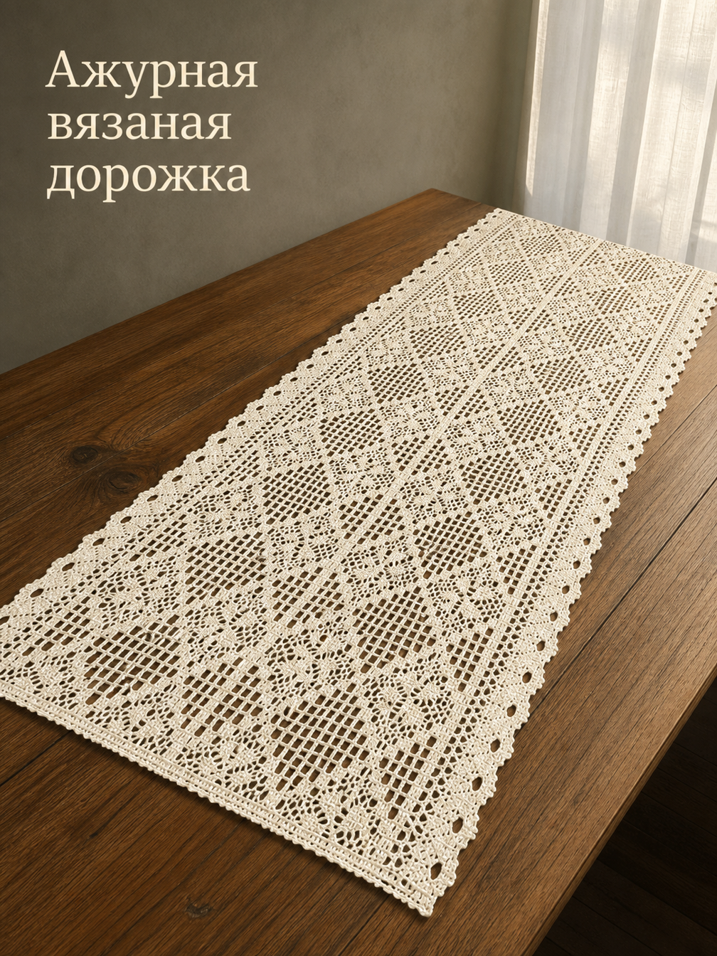 Дорожка на стол вязаная из хлопковой нити, ажурный узор из цветов и сетки, молочно-кремовая, 100×38 см, 1 шт