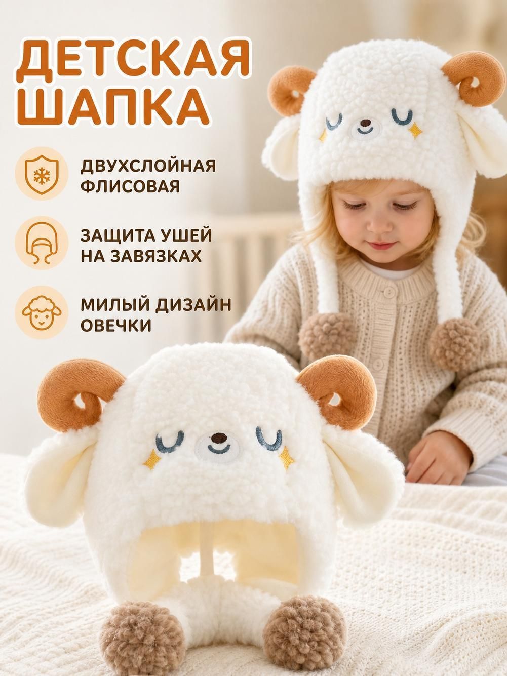 Шапка для детей, размер OneSize, бежевый