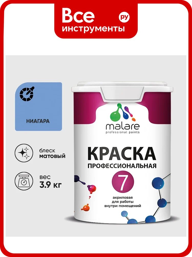 Краска для стен, потолков и обоев MALARE Евро 7, ниагара, 2,7 л 2038063680912 КЕВРО7НИАМ0390