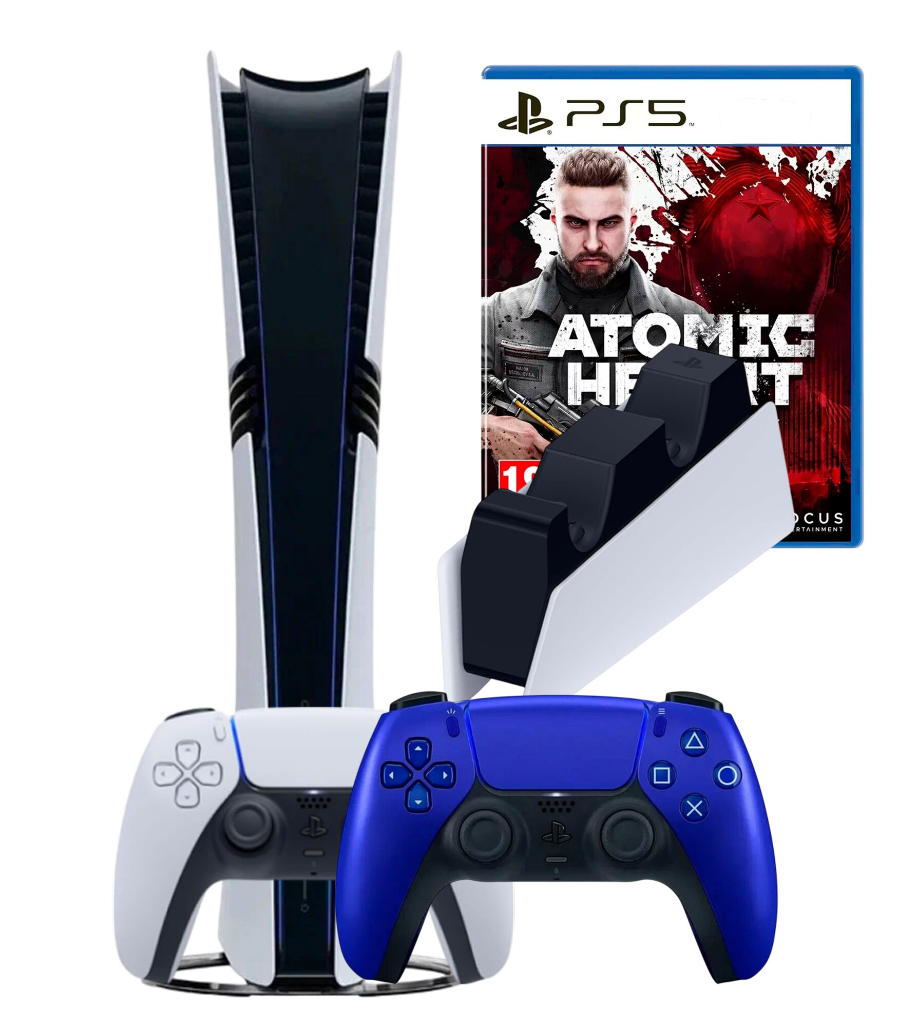 Игровая приставка PS5 Pro + игра Atomic Heart + Dualsense Charging Station + DualSense PS5 Cobalt Blue