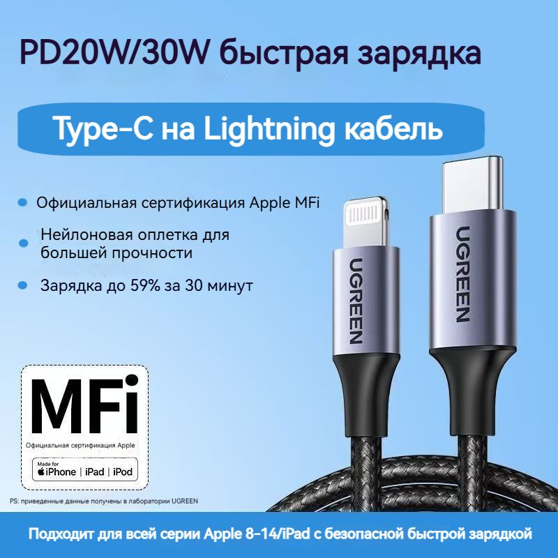 Ugreen Кабель для мобильных устройств Apple Lightning/USB Type-C, 0.5 м, темно-серый