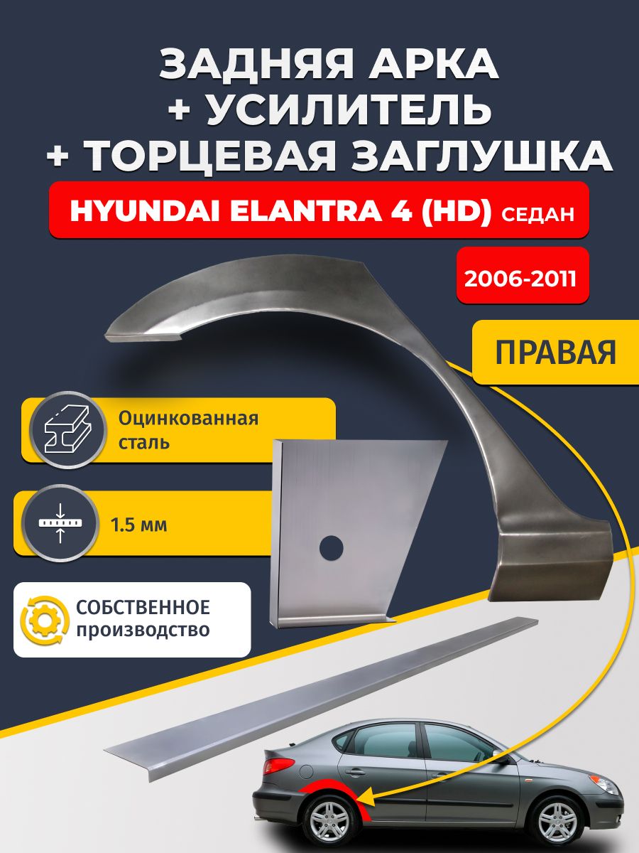 Правая ремонтная задняя арка (0,8 мм) + торцевая заглушка (1,5 мм) + усилитель (1,5 мм) на Hyundai Elantra 4 HD 2006-2011 седан (Хендай Элантра 4). Оцинкованная сталь