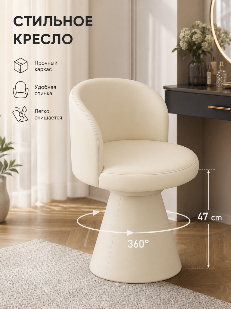 Стильное кресло для макияжа, белая антицарапинная экокожа, поворот 360°, деревянное основание