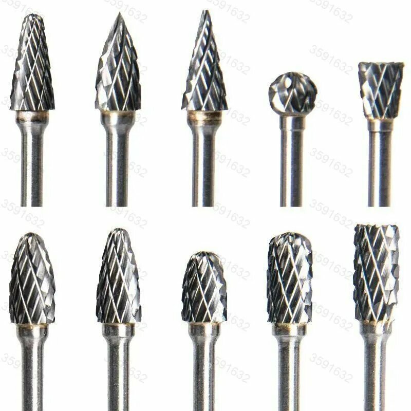 Набор Борфрезы Твердосплавные 10 штук, хвостовик 3 мм / Шарошки по металлу, пластику, дереву / Набор фрез твердосплавных абразивных, по металлу, по алюминию