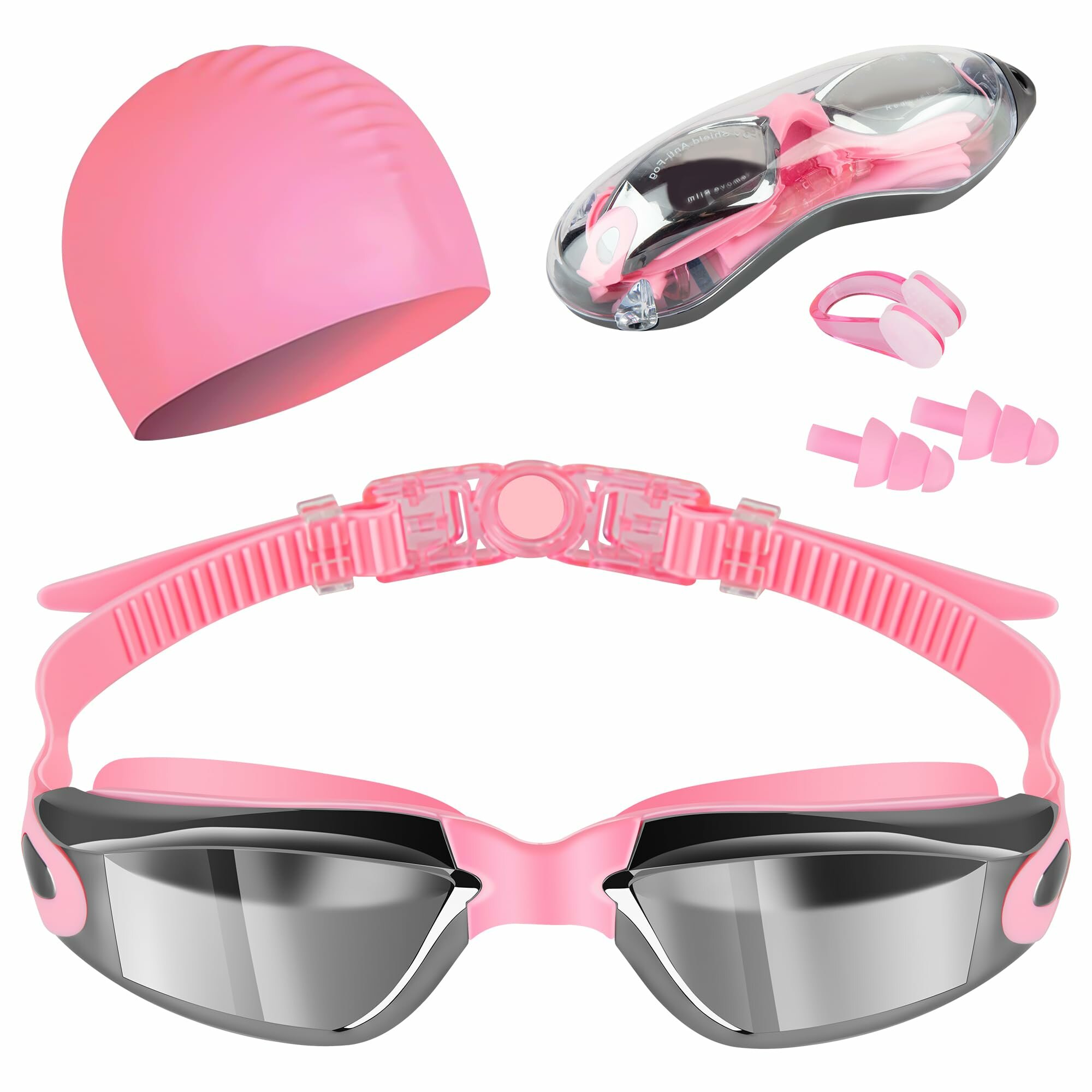 Комплект плавательных очков и плавательной шапки для взрослых, 1 пара очков с высокой четкостью, антизапотеванием, электропокрытием, 1 носовой клипса, 2 ушных пробки, 1 плавательная шапка, размеры очков: ширина линз 70мм, высота 40мм, общая длина 165мм,
