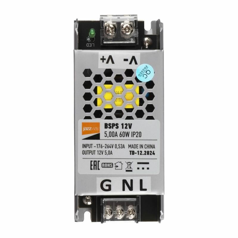 Блок питания Jazzway для светодиодной ленты, мощность 60 Вт, 5А, 12В, IP20, BSPS, металлический