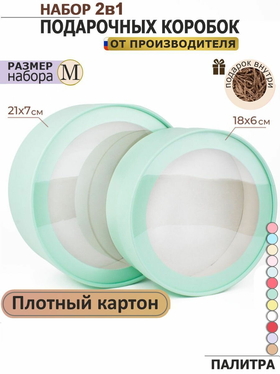 Круглая подарочная коробка с прозрачным окном с наполнителем для зефира и подарка, 2в1, мятная, набор 2шт: 21х7см - 1шт, 18х6см - 1шт