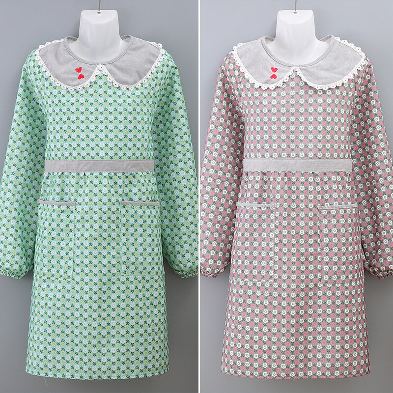 Фартук с длинным рукавом и воротником-куклой с двойными карманами, хлопковая ткань, женский фартук для дома и кухни, маслостойкий фартук для готовки