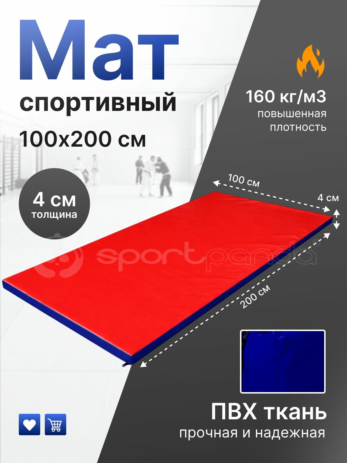 Мат спортивный "SportPanda", 1*2*0.04 м, тент ПВХ + пенополиэтилен