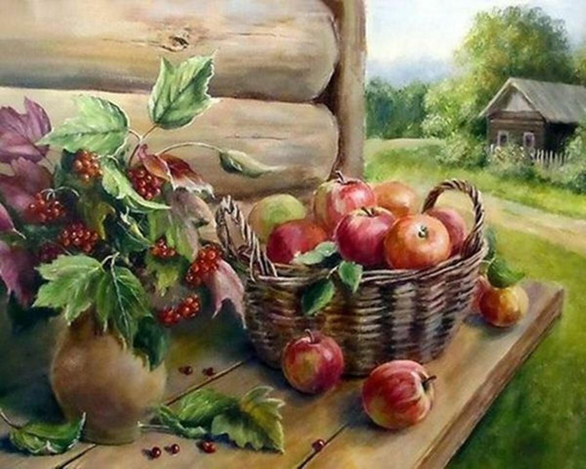 Картина по номерам на подрамнике 40*50 см "Яблоки и рябина"